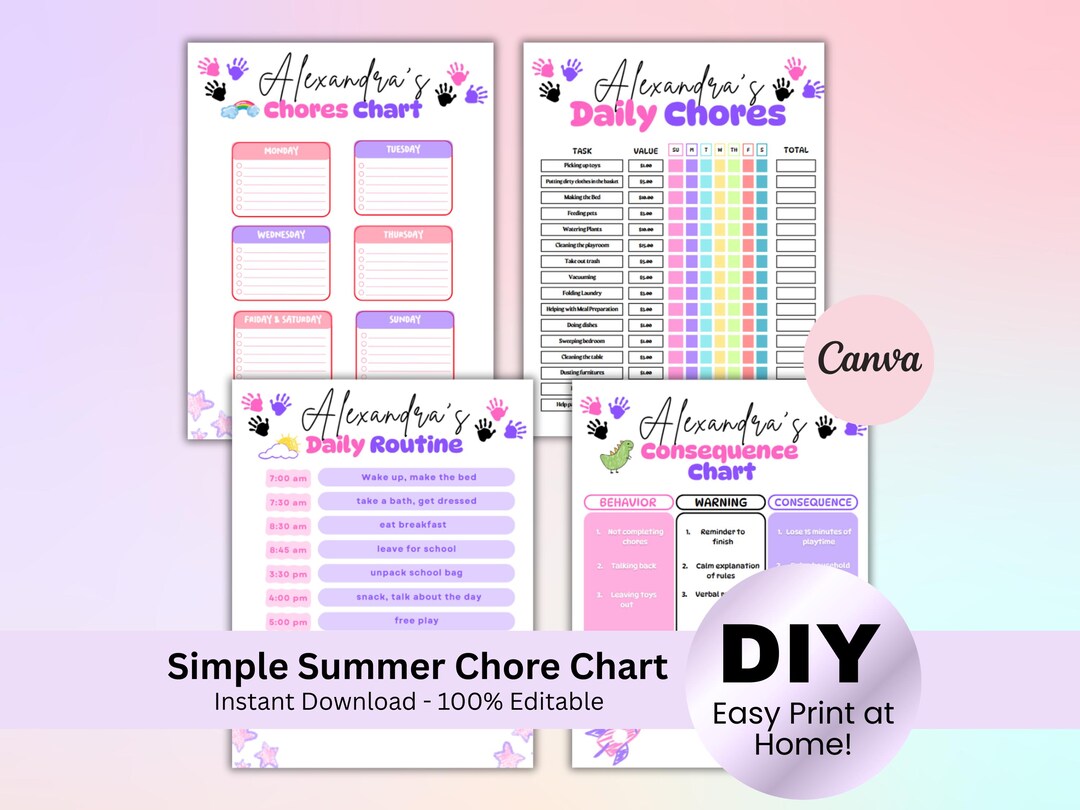 Printable Summer Chore Chart for Kids: Editable School Routine Tracker ...