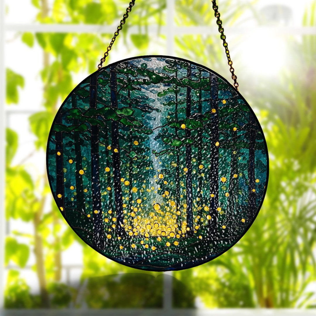 Enchanted Forest Firefly Glass Suncatcher, Nature Landscape Decor for ...