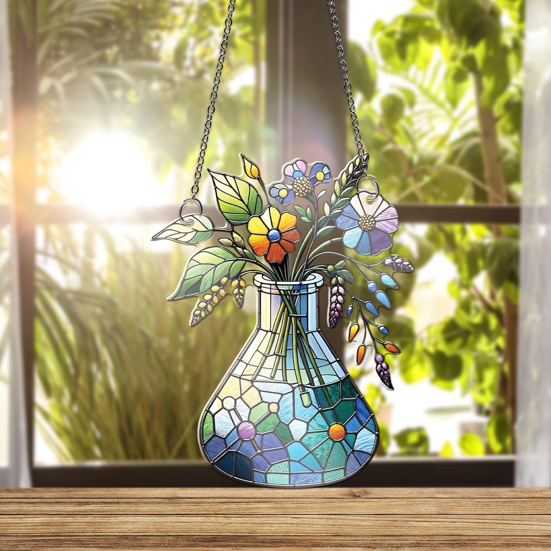 Flower Flask Acrylic Window Hanging: Colorful Lab Decor - Etsy
