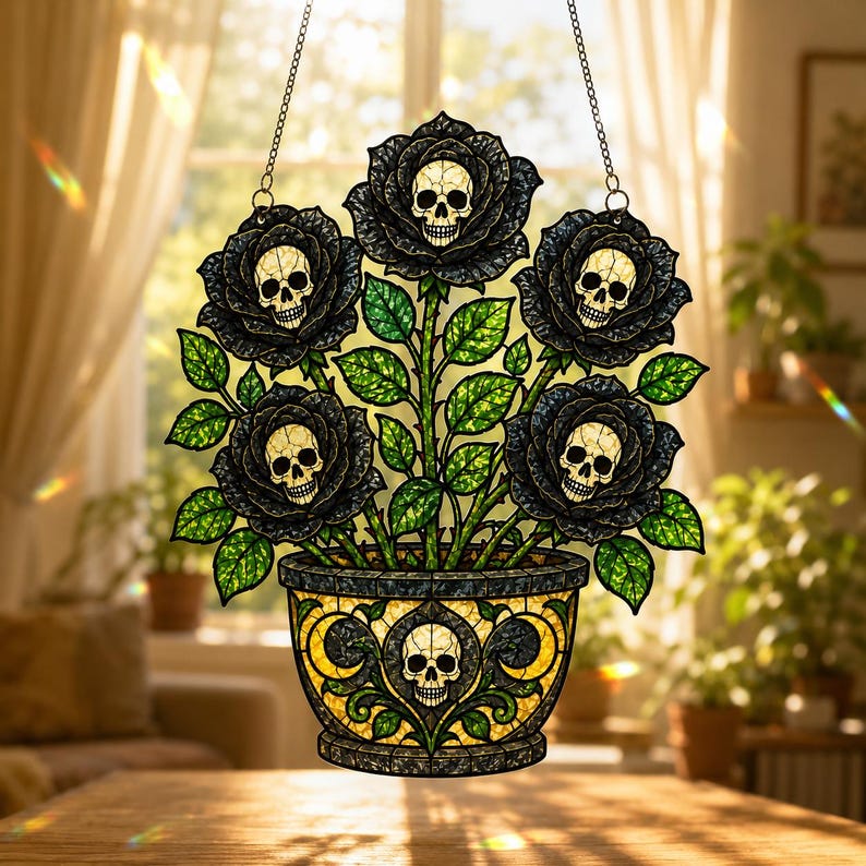 Skull Rose Pot Holographic Acrylic Window Hanging, Gothic Floral Decor ...