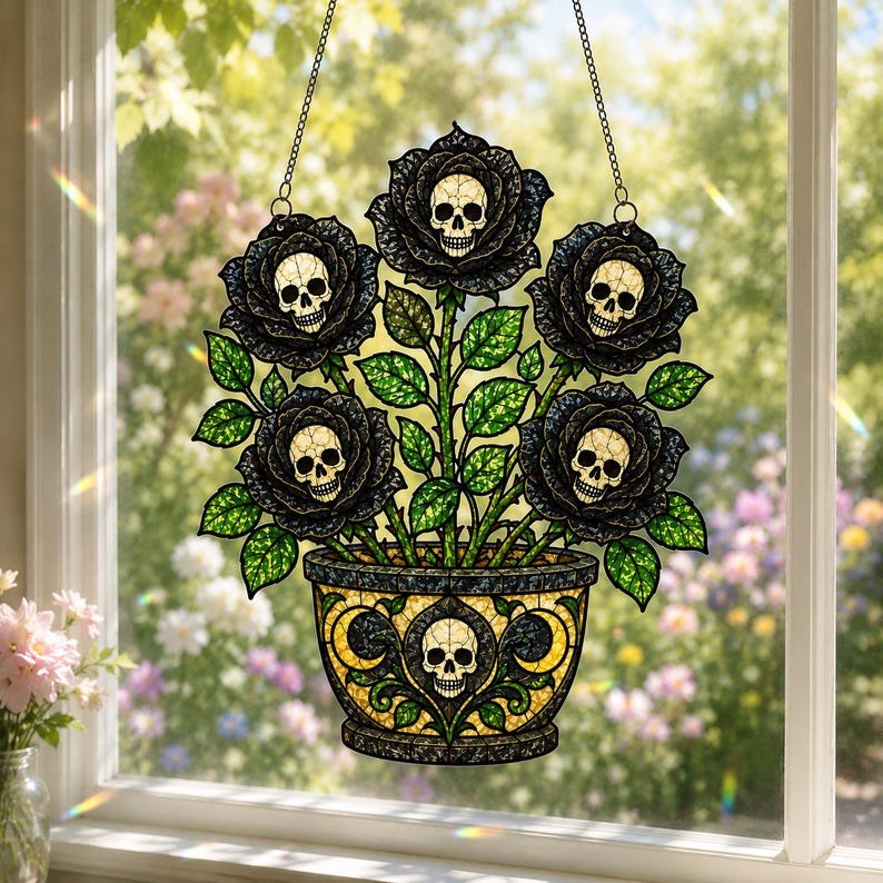 Skull Rose Pot Holographic Acrylic Window Hanging, Gothic Floral Decor ...