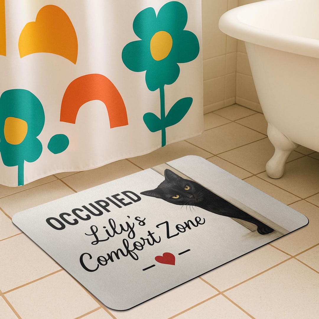Personalized Cat Bath Mat, Black Cat Bathroom Rug, Funny Comfort Zone ...