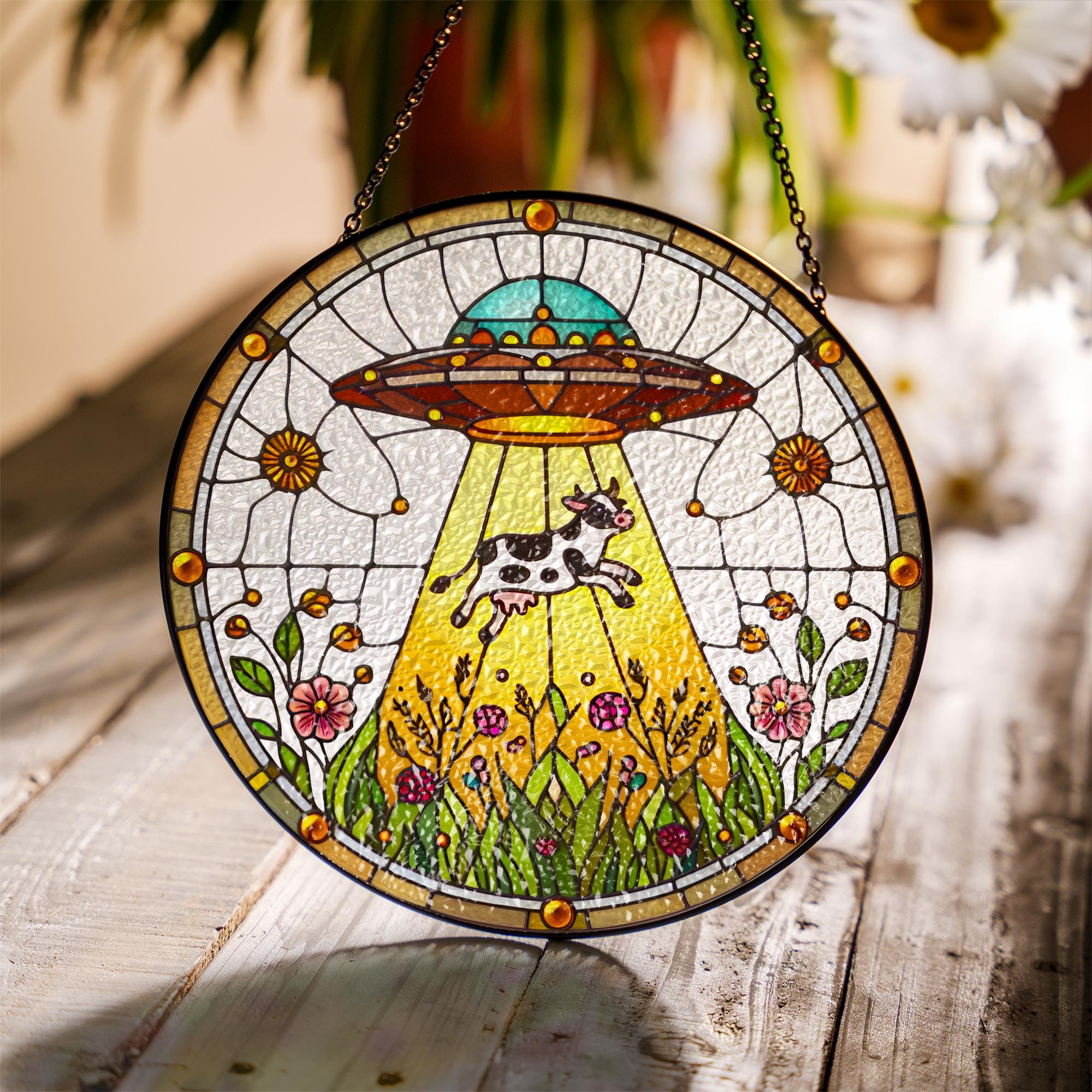 Funny UFO Abducted Cow Suncatcher: Quirky Farmhouse Window Hanging - Etsy
