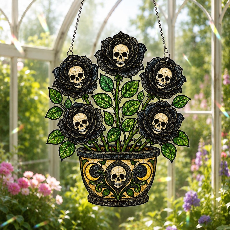 Skull Rose Pot Holographic Acrylic Window Hanging, Gothic Floral Decor ...