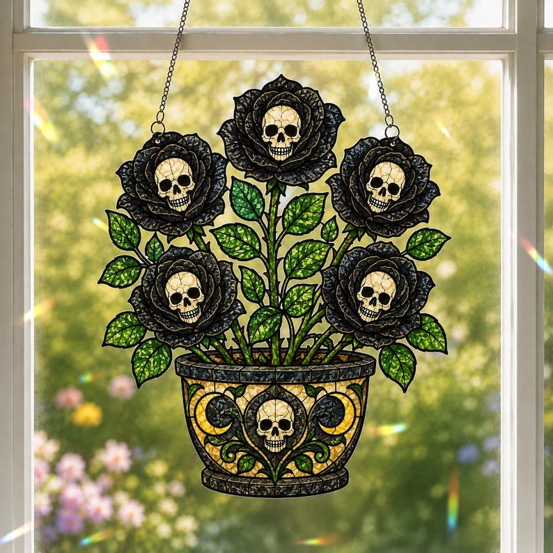 Skull Rose Pot Holographic Acrylic Window Hanging, Gothic Floral Decor ...