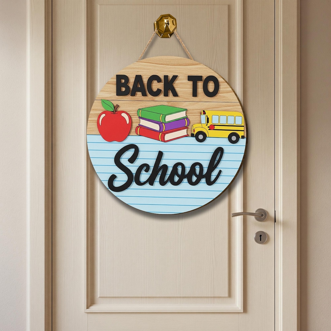 Back to School Door Sign, Classroom Decor With Books, Bus, and Apple ...