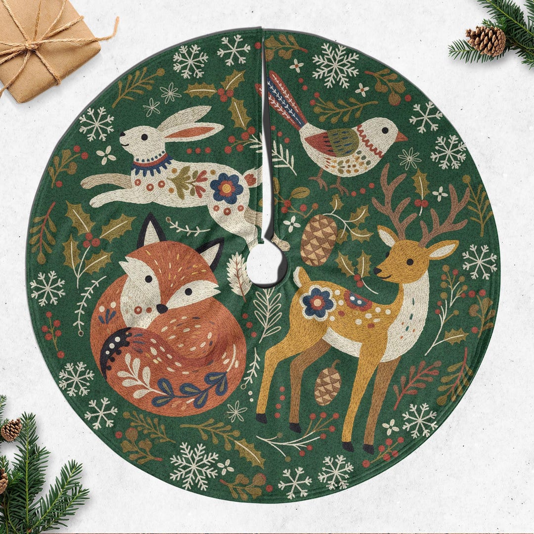 Woodland Animal Christmas Tree Skirt – Fox, Rabbit, Deer on Green ...