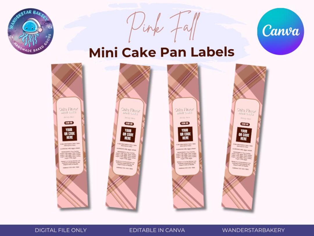 Pink Fall Mini Cake Pan Label With QR Code, Editable Canva Template ...