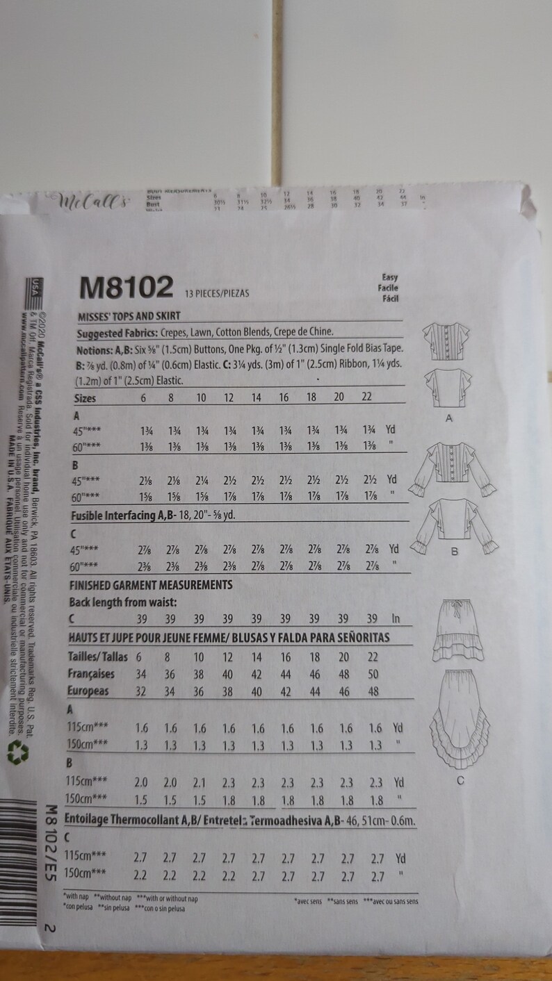 Mccall's 8102 UNCUT Sz 14-22 Tops and Skirt Ruffles Hi Low Hem Loretta ...