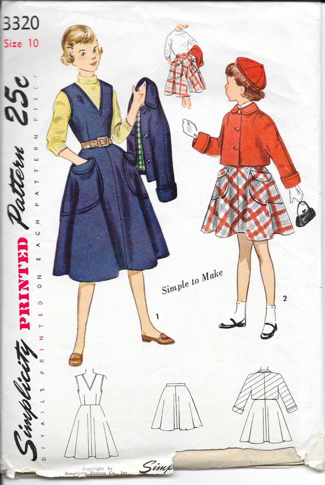 SIMPLICITY 3320 Size 10 Vintage 1950's Girl's Jumper V-neck Sleeveless ...