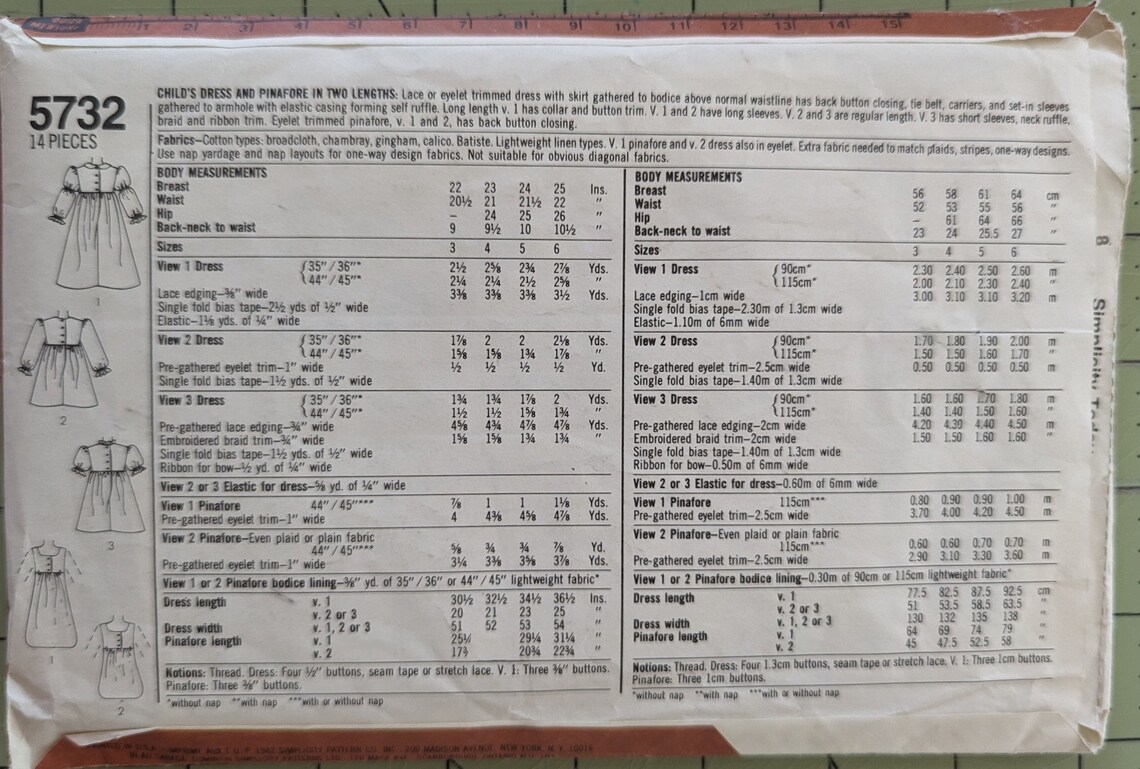 SIMPLICITY 5732 Size 3 Child's Girl's Dress and Pinafore Apron Ruffles ...