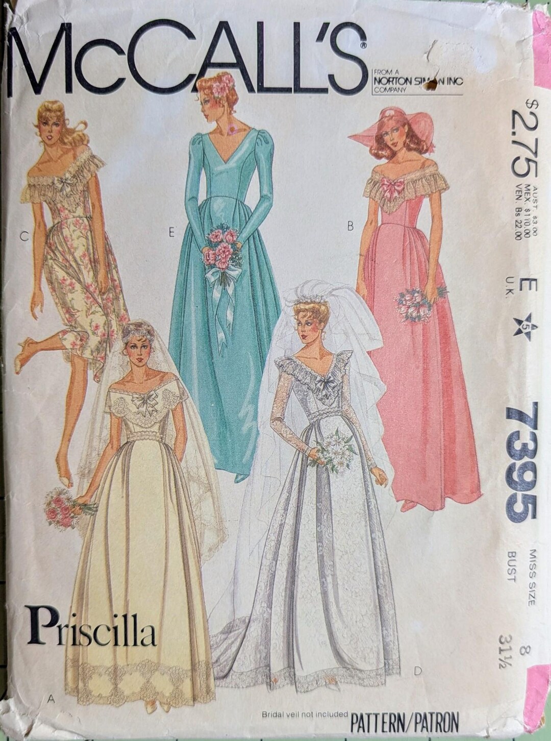 Mccall's 7395 UNCUT Size 8 Bust 31 1/2" Priscilla Bridal and Bridesmaid ...