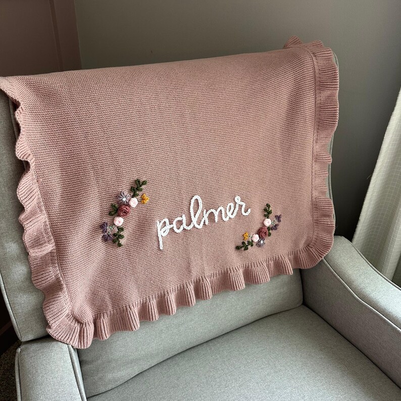 Hand Embroidered Baby Name Blanket | Custom Embroidered Floral Blanket ...