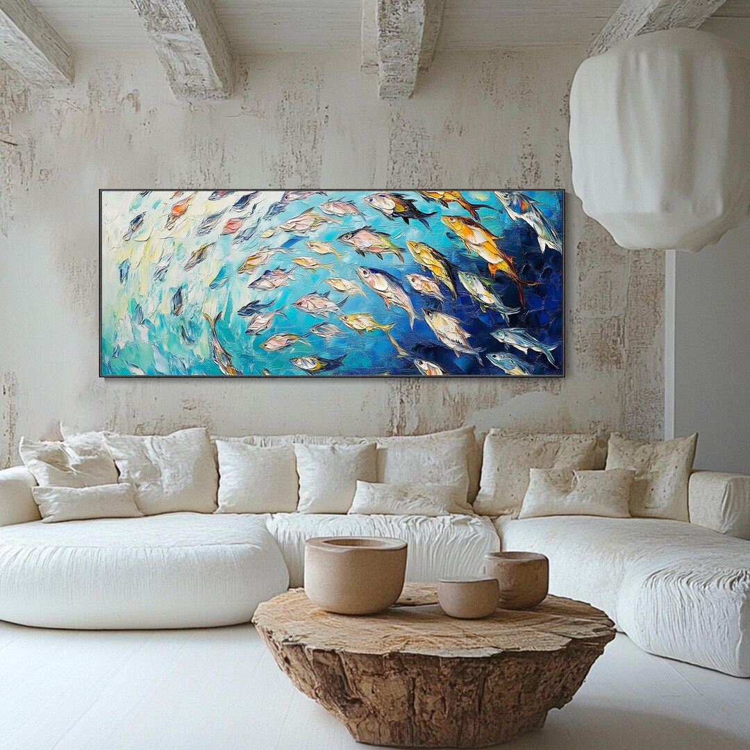 Fish Swarm Oil Painting on Canvas 3D Ocean Texture Wall Art Vibrant ...