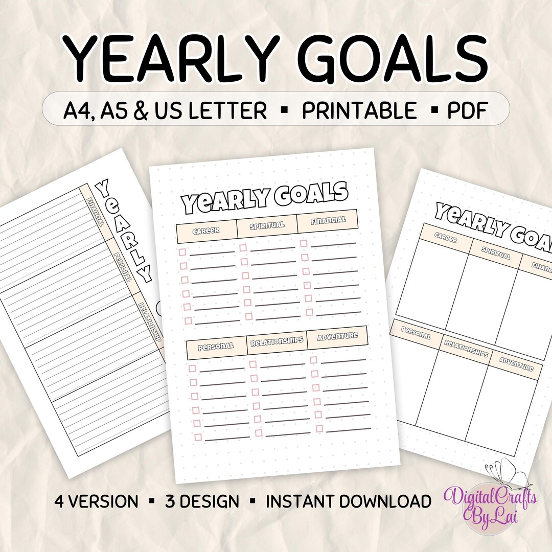 Printable Yearly Goal Template: Journal Planner (A4, A5, US Letter ...