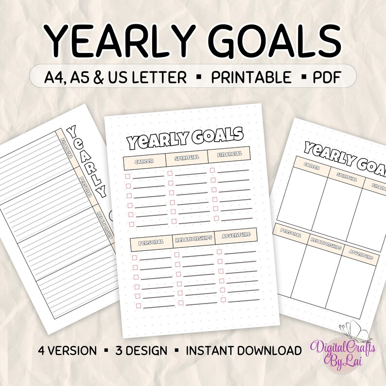 Printable Yearly Goal Template: Journal Planner (A4, A5, US Letter ...