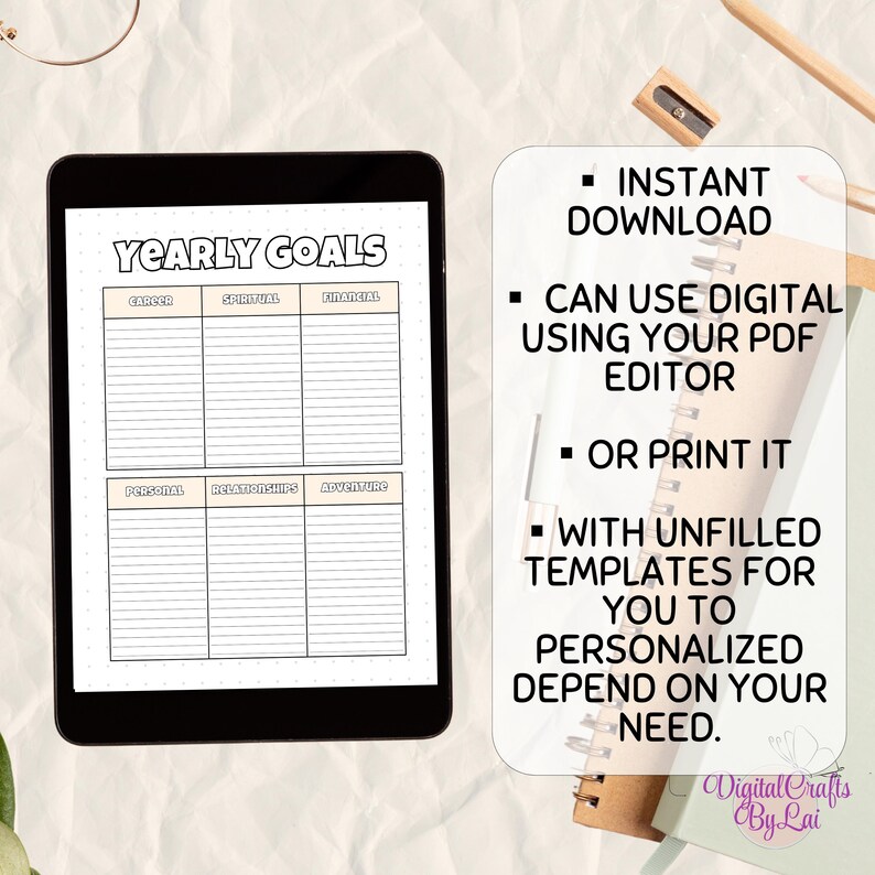 Printable Yearly Goal Template: Journal Planner (A4, A5, US Letter ...