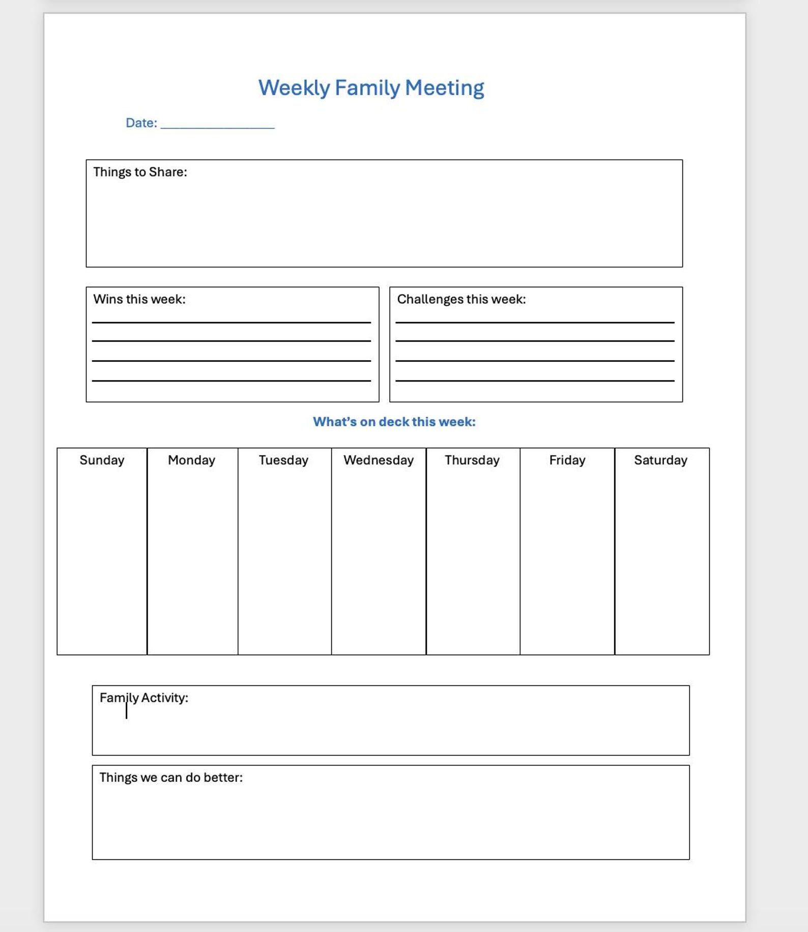 Family Meeting Template Family: to Create Positive Family Culture ...