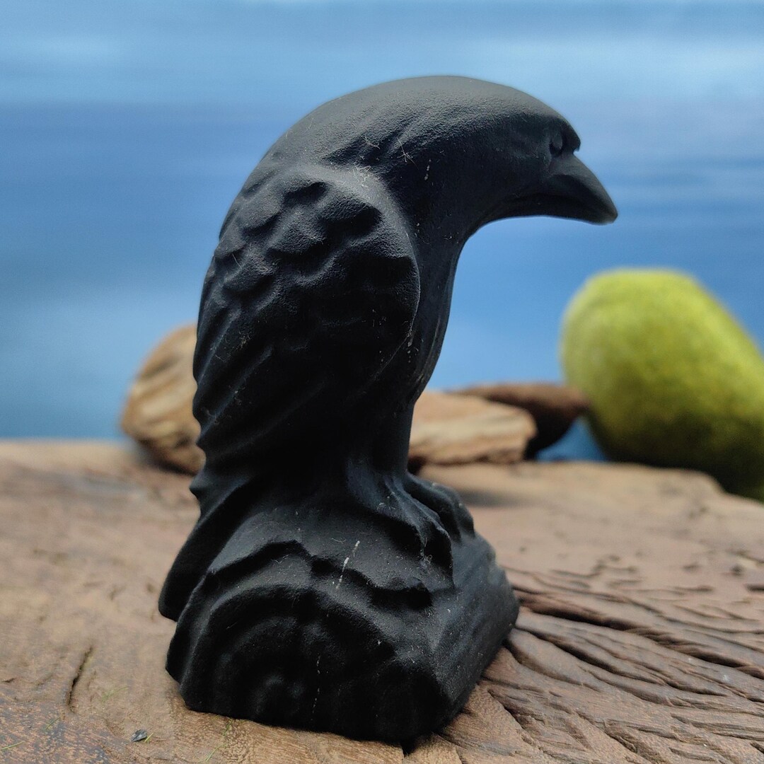 2.5" Natural Obsidian Crystal Raven Statue Handmade Sculpture Lucky ...