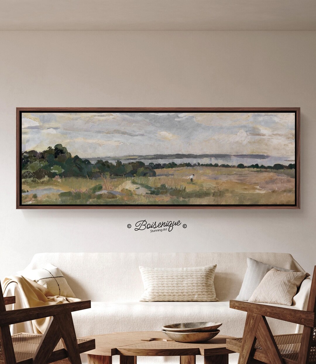 Vintage Landscape Wall Art | Rustic Field by the Sea Canvas Print ...