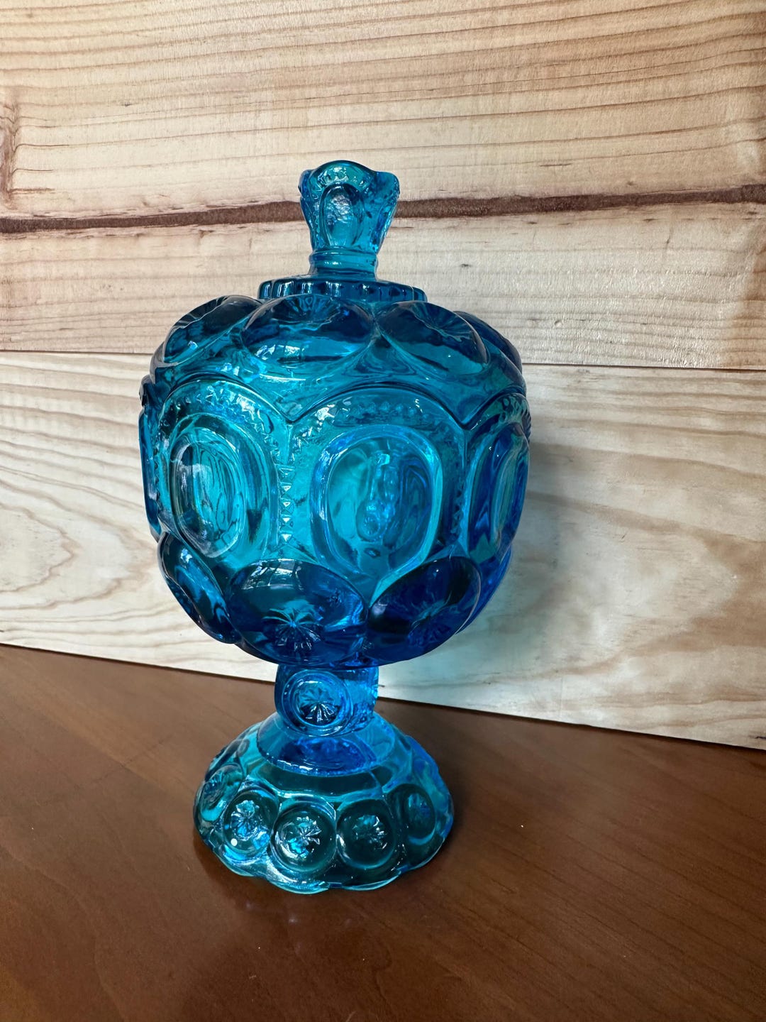 Vintage L. E. Smith Blue Glass Moon and Stars Pedestal Compote/candy ...