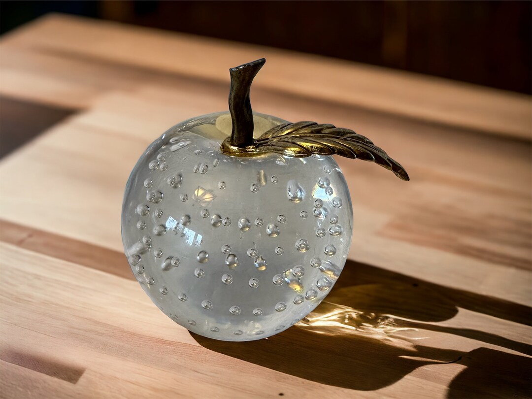 Vintage Glass Paperweight Apple With Brass Stem -perfect Teacher Gift ...