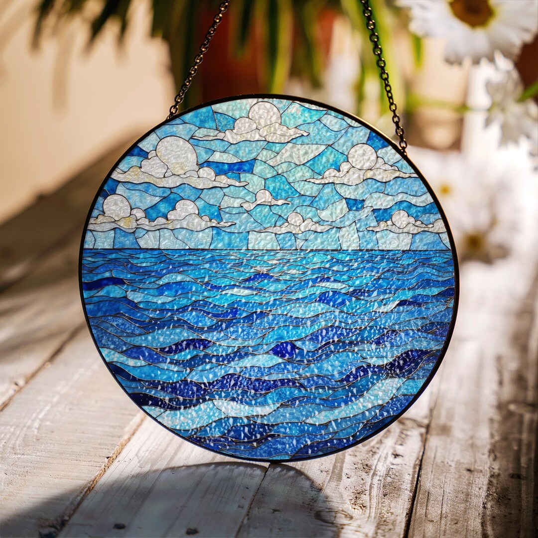 Stained Glass Ocean Waves Sun Catcher Blue Coastal Decor Gift for Ocean ...