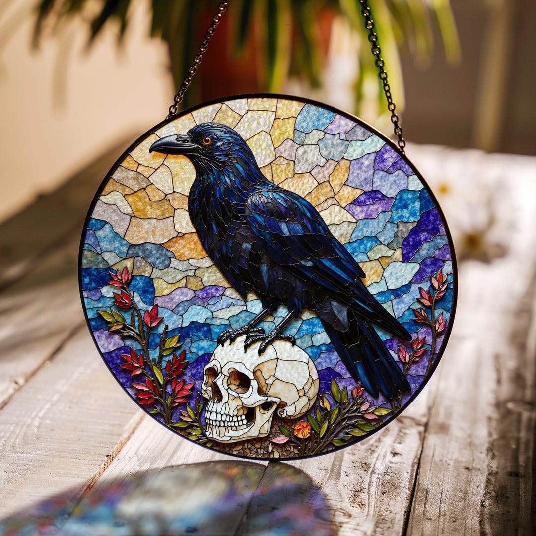 Stained Glass Raven Skull Suncatcher Gothic Window Decor Gift for Witch ...