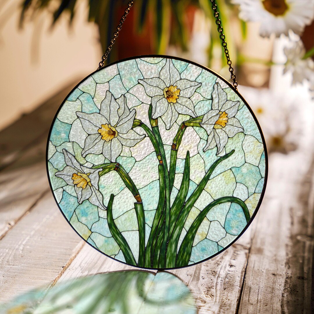 White Daffodil Flower Glass Art Round Suncatcher for Spring Window ...