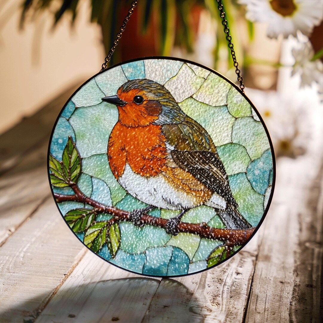 Robin Bird Stained Glass Suncatcher Window Hanging Gift for Bird Lovers ...