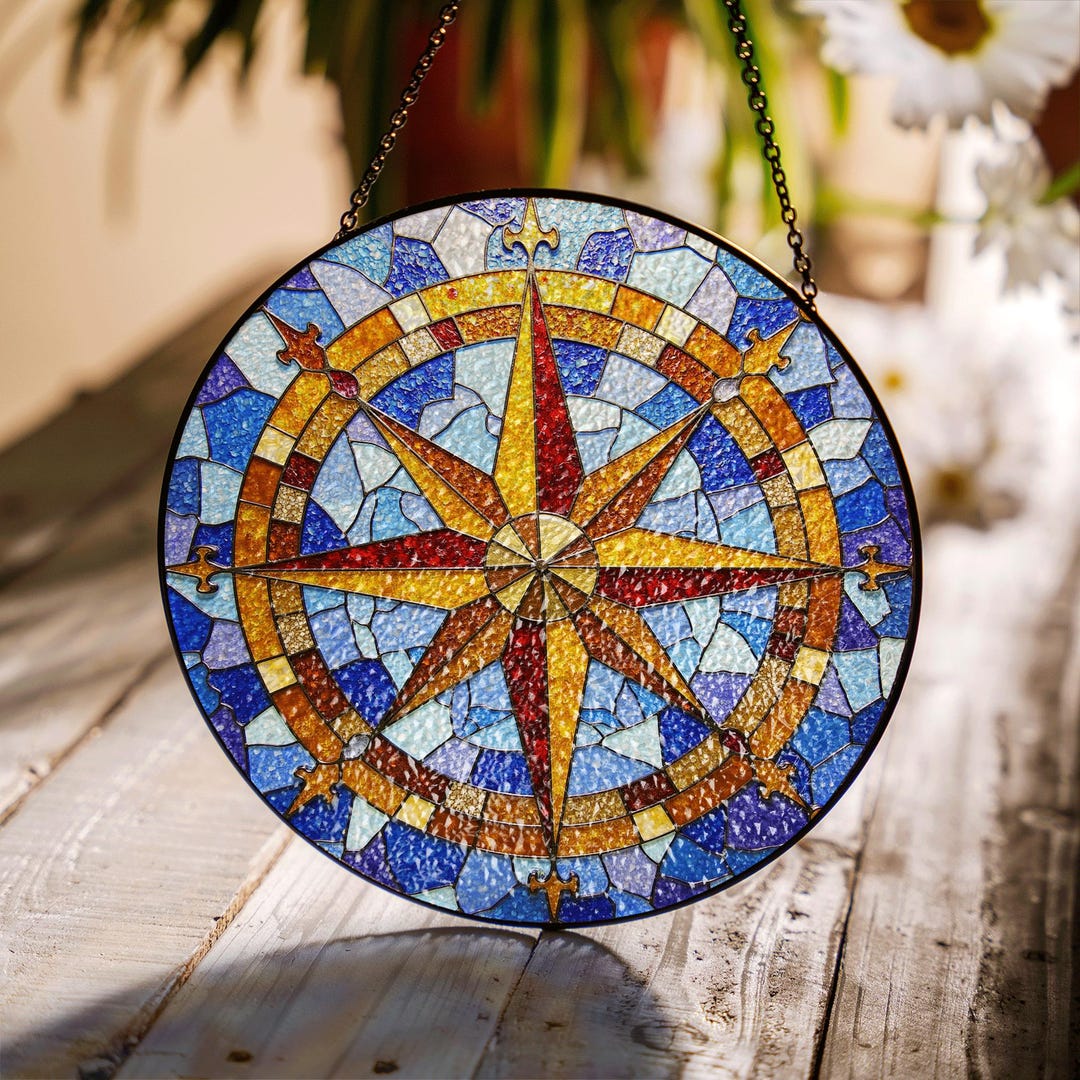 Stained Glass Compass Suncatcher Window Hanging Gift for Home Decor Sun ...