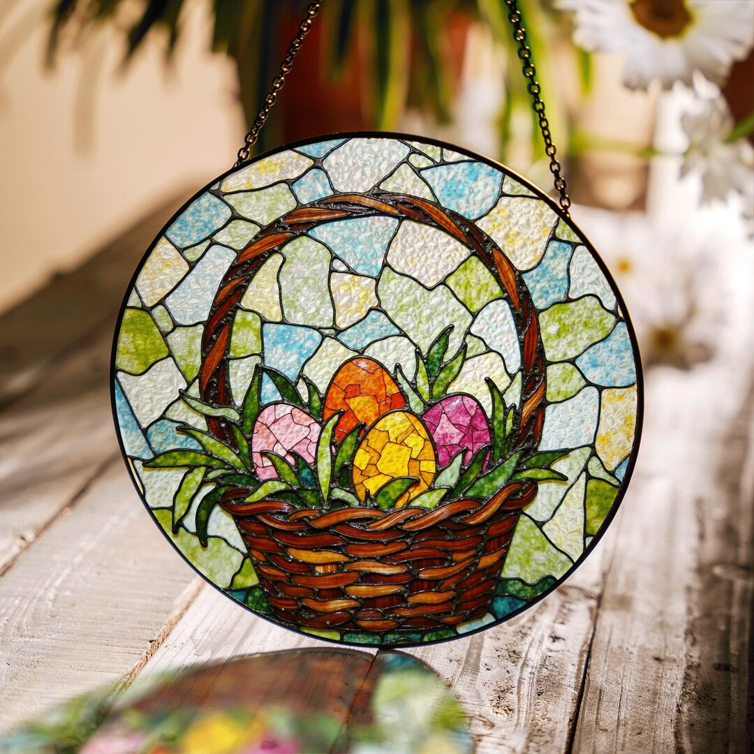 Stained Glass Easter Basket Suncatcher With Colorful Eggs Decorative ...