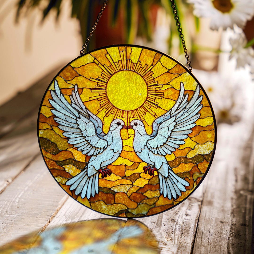 Two Doves Stained Glass Suncatcher Window Hanging Spiritual Gift for ...