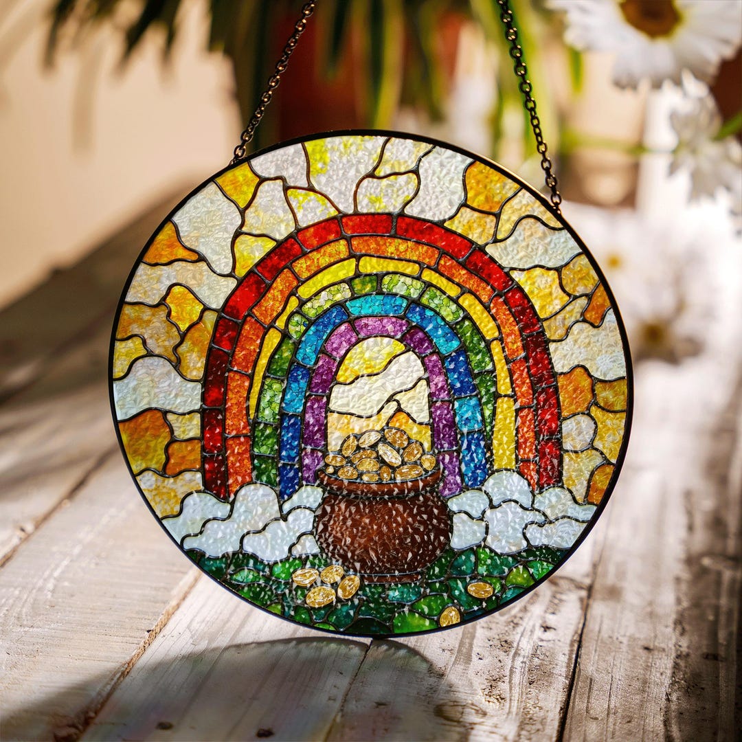 Rainbow Stained Glass Suncatcher Pot of Gold Stained Glass Decor Gift ...