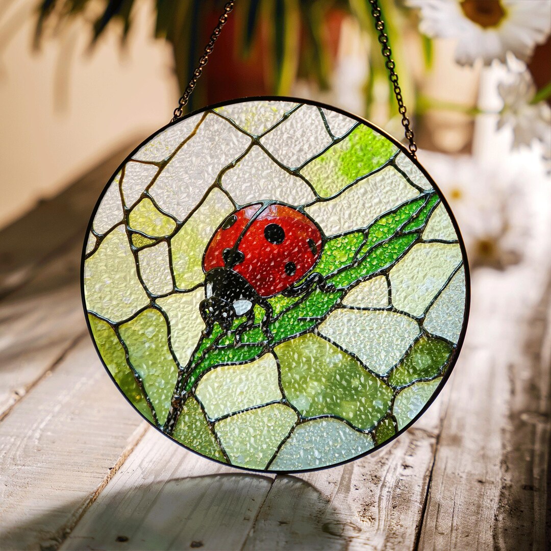 Ladybug Stained Glass Suncatcher With Leaf Perfect Gift for Nature ...