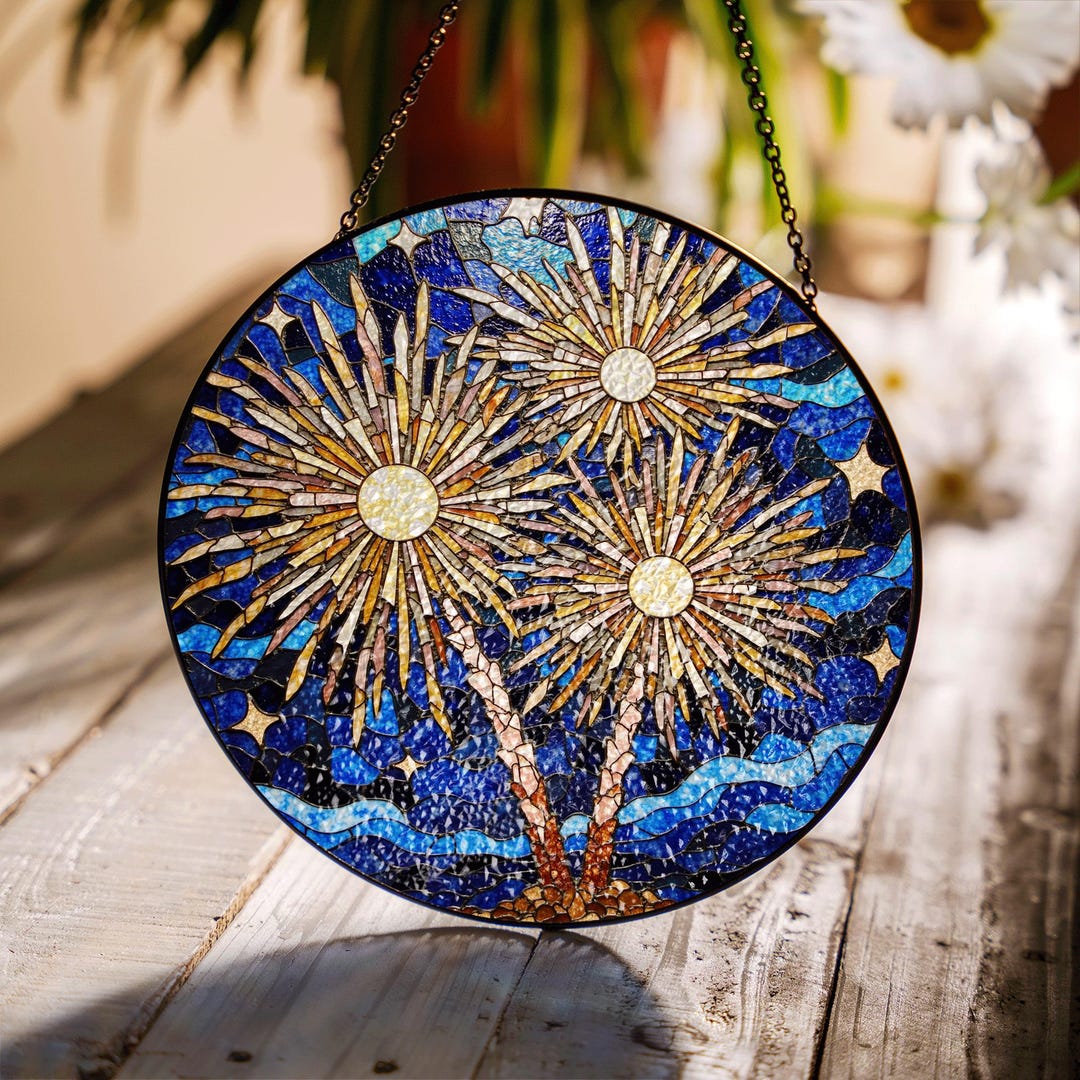 Firework Stained Glass Suncatcher Beautiful Blue and Yellow Sun Catcher ...