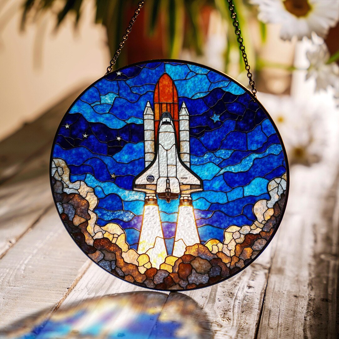 Space Shuttle Stained Glass Suncatcher Blue Sky Rocket Launch Gift for ...