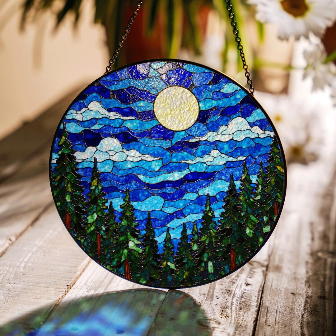 Moonlit Forest Stained Glass Suncatcher Night Sky Art Window Decor Gift ...