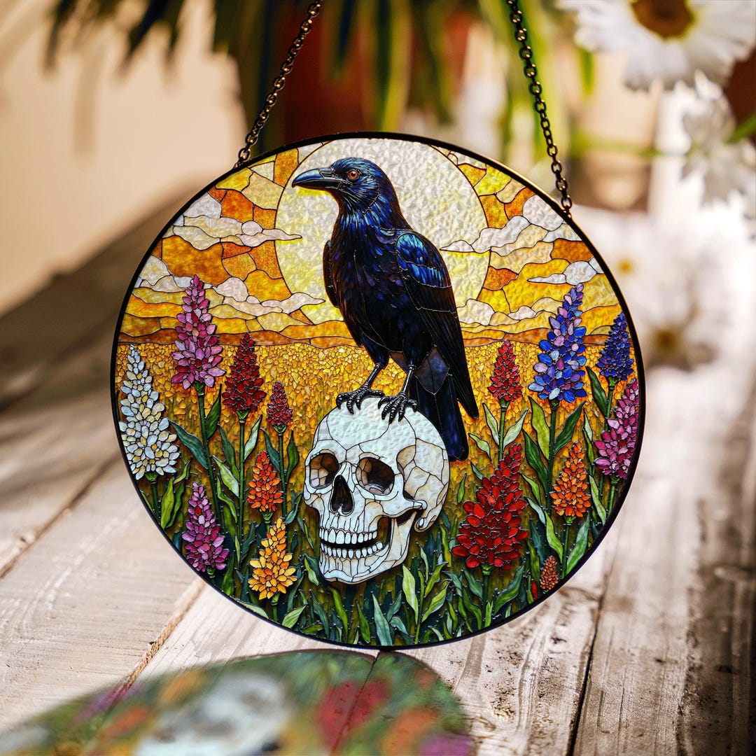 Stained Glass Crow Skull Suncatcher With Colorful Flowers Gift for ...