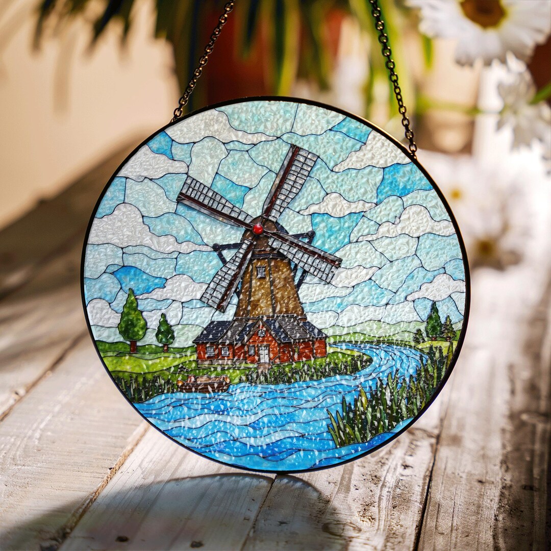 Windmill Stained Glass Suncatcher Scenic Home Decor Handmade Gift for ...