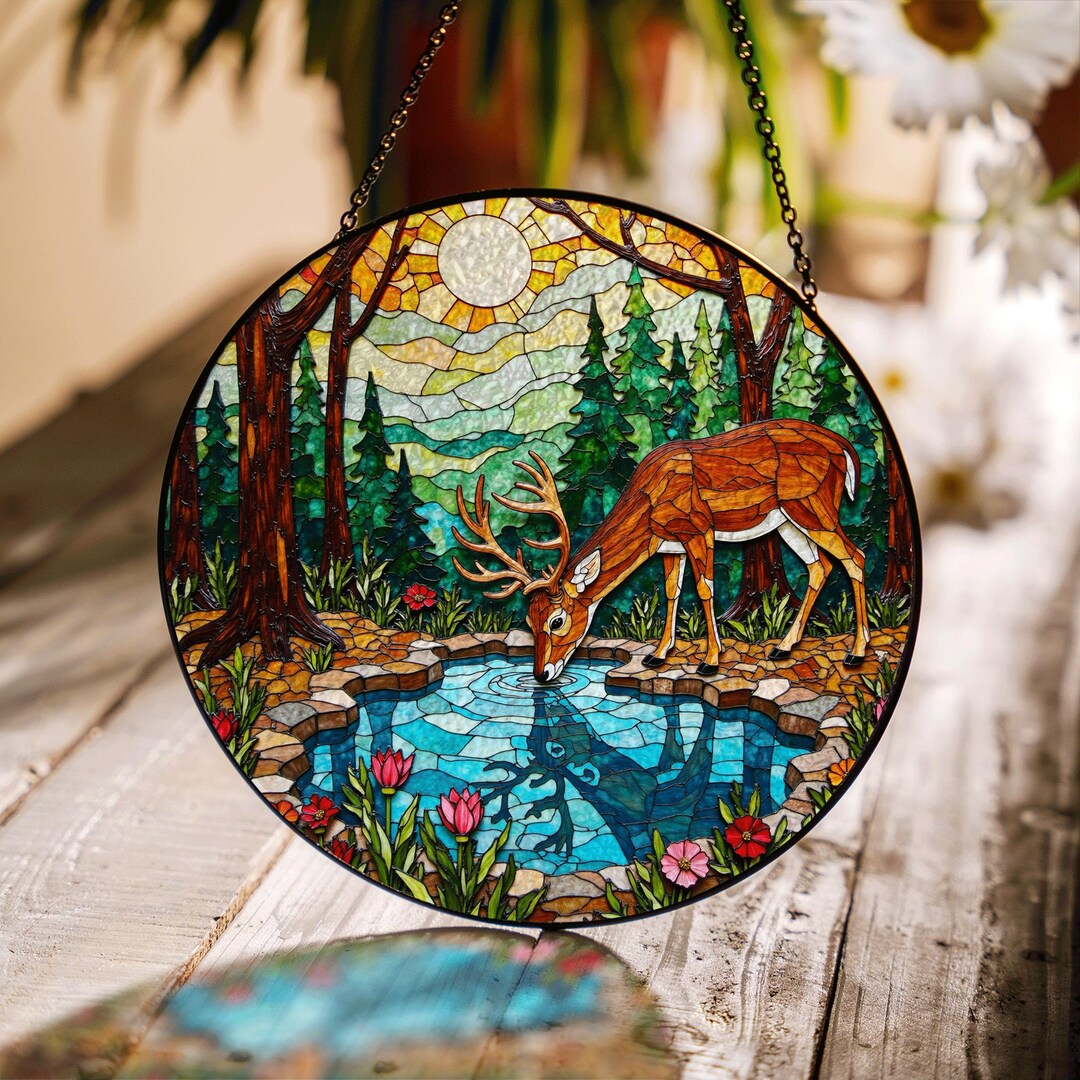 Deer Forest Pond Scene Round Suncatcher Woodland Stained Glass Window ...