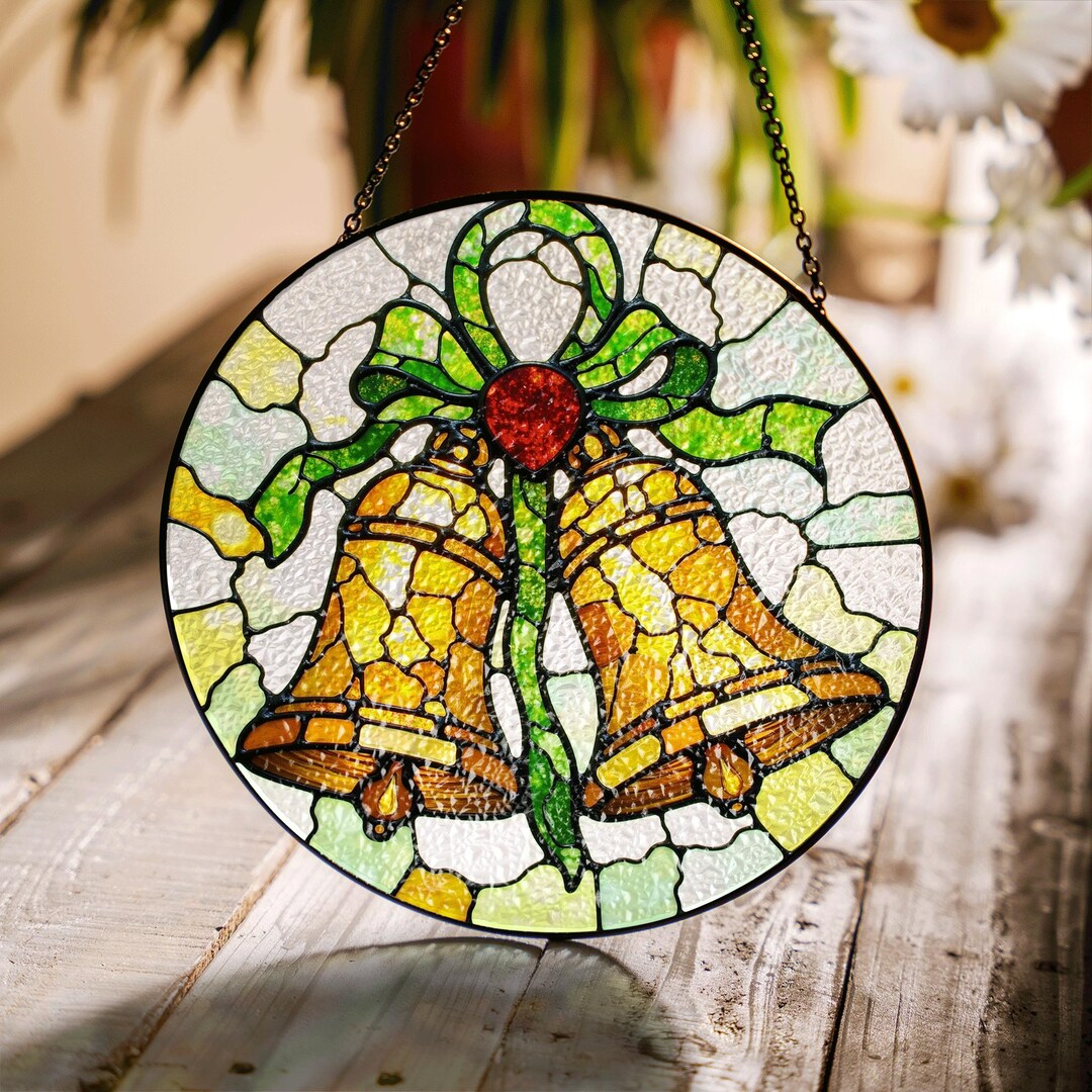 Stained Glass Bells Suncatcher With Green Ribbon and Red Bow Gift for ...