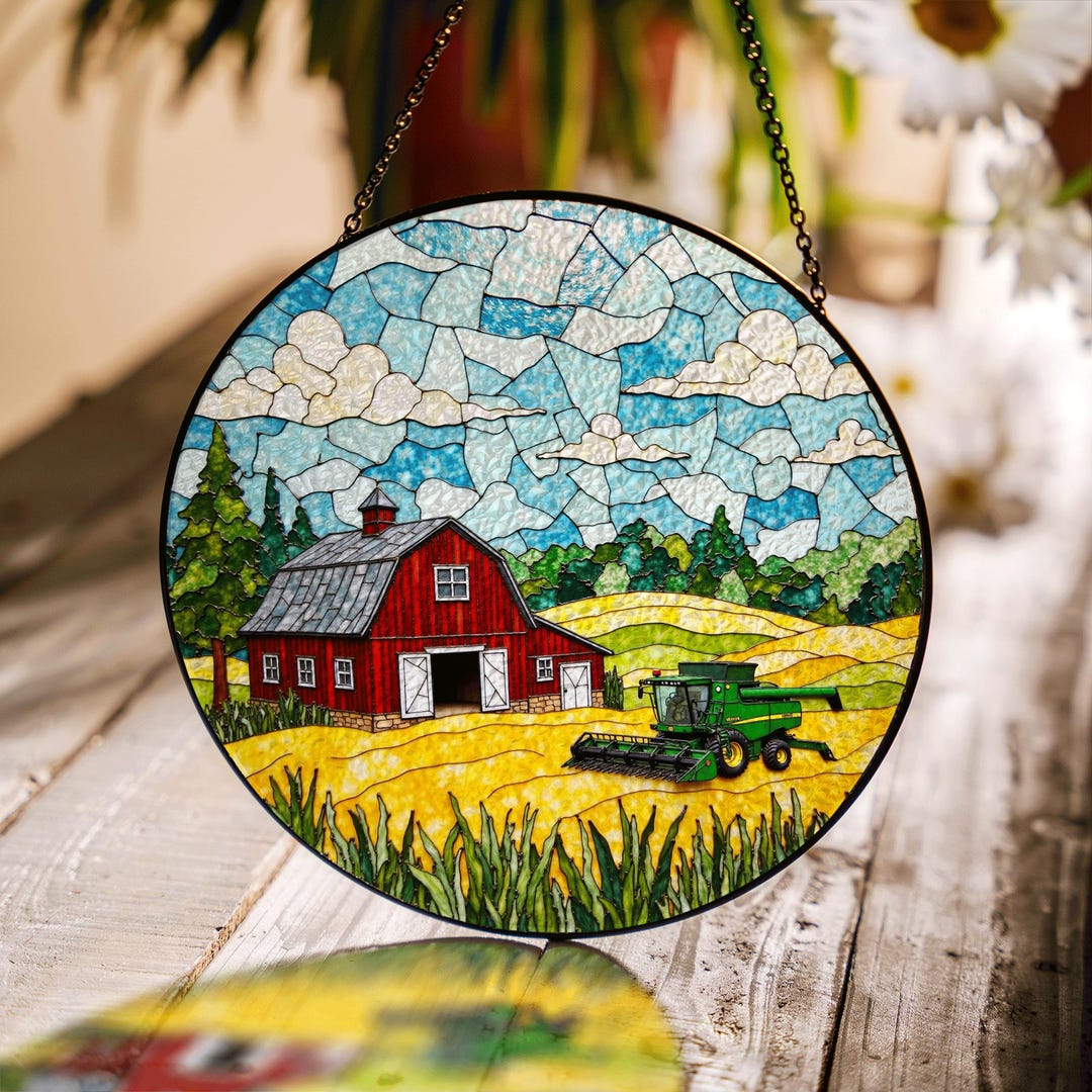 Farm Scene Stained Glass Suncatcher Red Barn Tractor Gift for Farmers ...