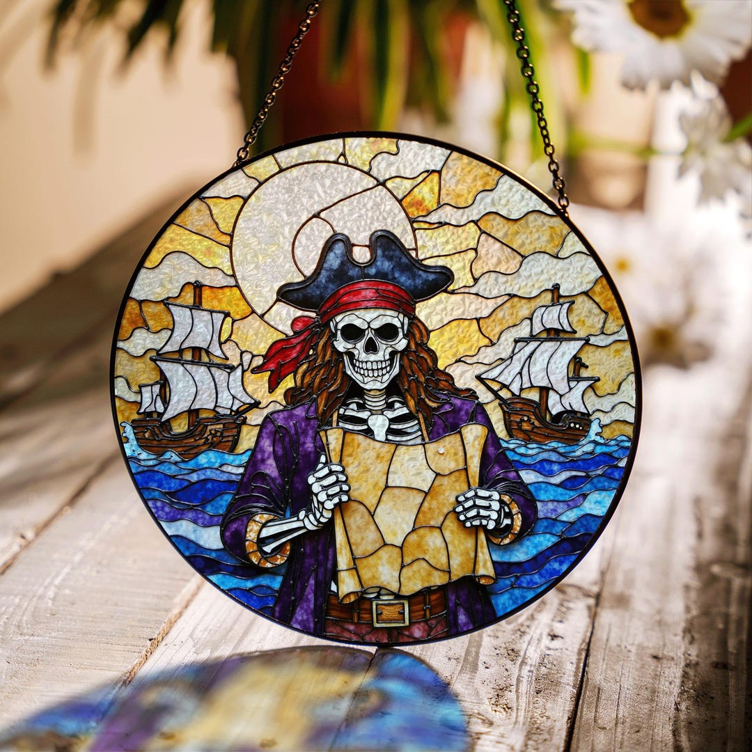 Pirate Skeleton Map Stained Glass Suncatcher Spooky Nautical Window ...