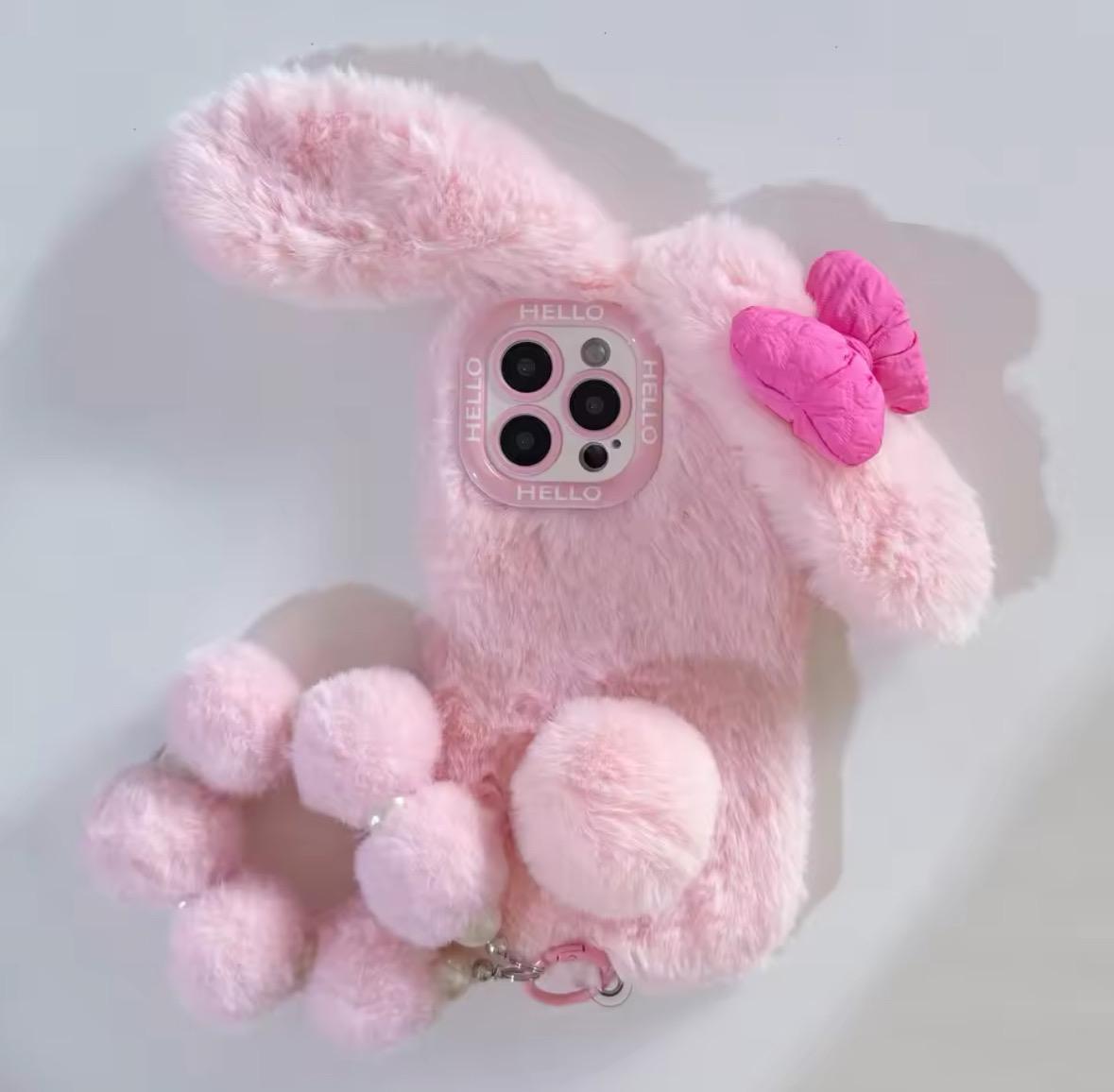 3D Pink Bow Long Ear Bunny Case Cute Phone Accessory for iPhone 16, 15 ...