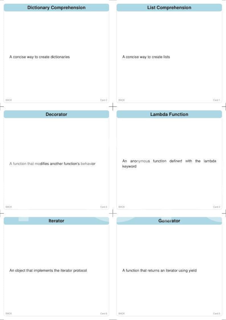 Tarjetas interactivas de Python: 60 fichas de estudio imprimibles (descarga digital) - Etsy España
