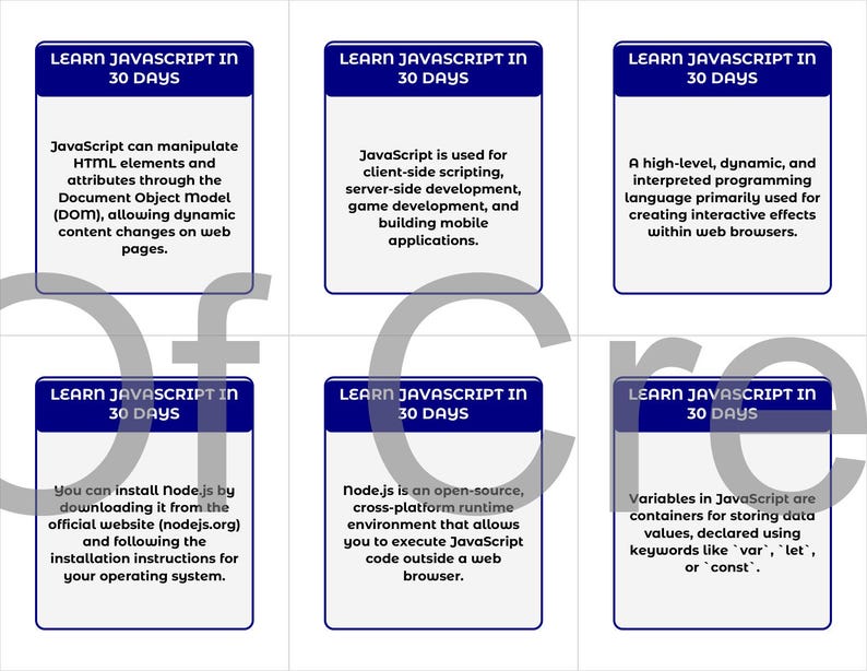 Learn Javascript in 30 Days PDF Guide - Flashcards - ANKI - Etsy