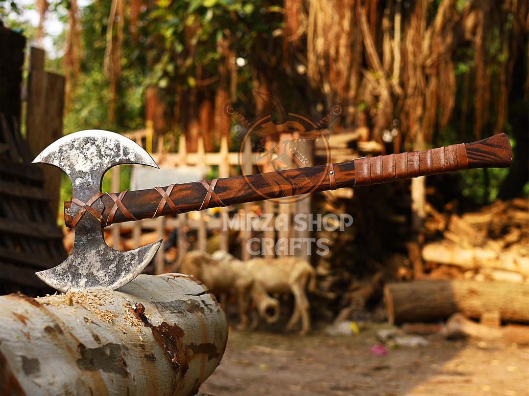 Hand-forged Double Headed Viking Axe, Leather Wrapped Handle, Display ...