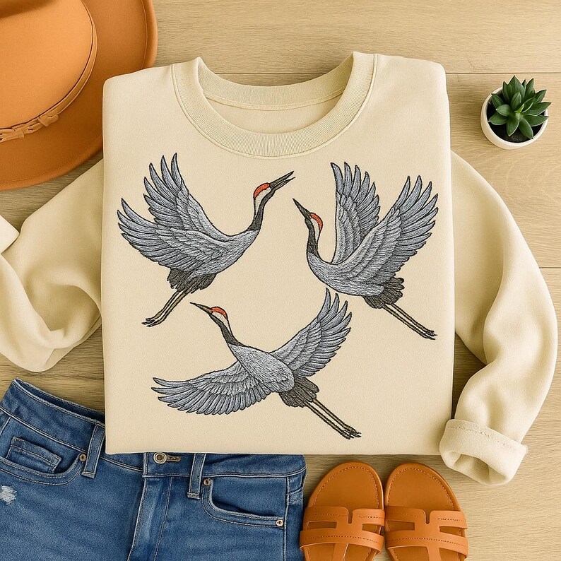 Three Crane Embroidery Design, Flying Cranes Machine Embroidery ...