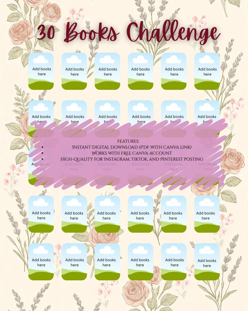 30 Books Reading Challenge Canva Template | Canva Free Editable ...